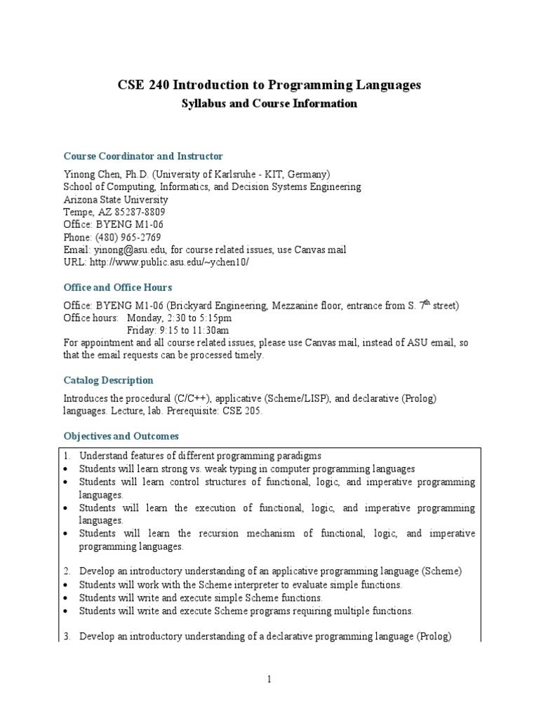 Syllabus Info CSE240 | PDF | Programming | Computer Program