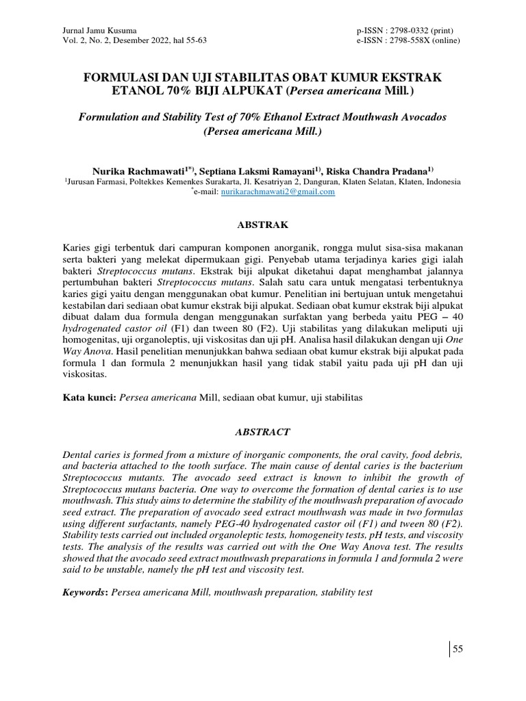 Formulasi Dan Uji Stabilitas Obat Kumur Ekstrak Etanol 70% Biji Alpukat ...