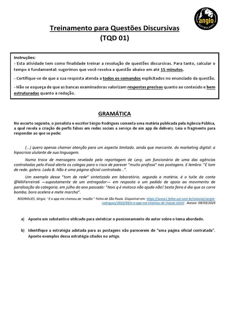 TQD 01 - Gramática - Prova | PDF