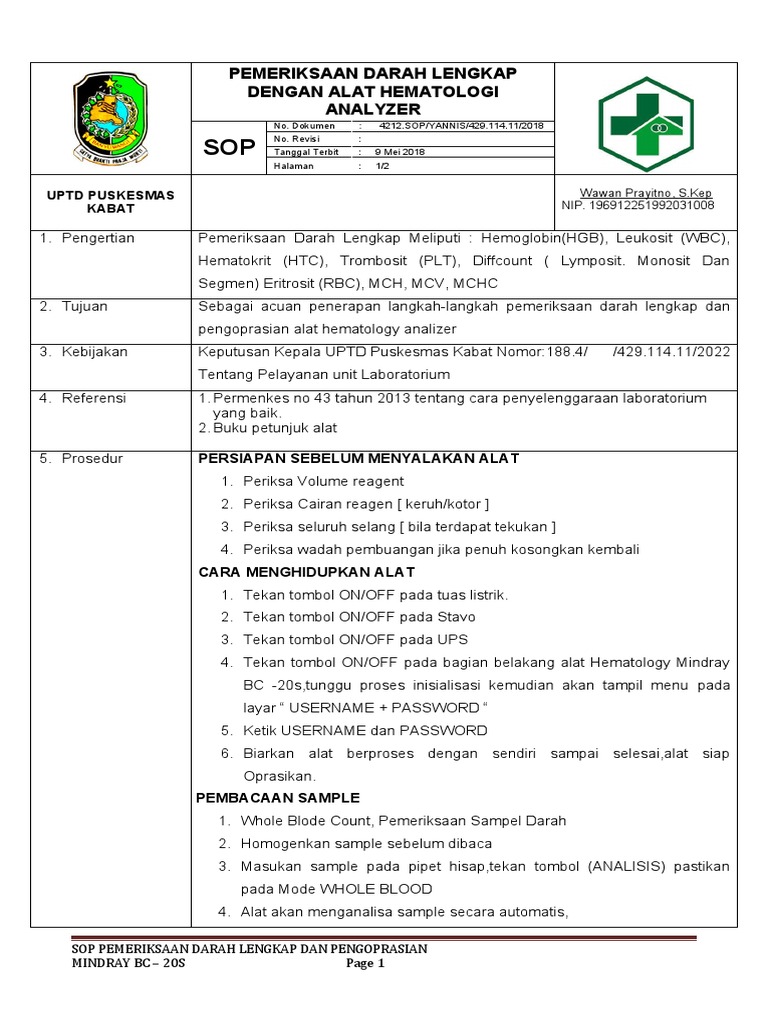 Sop Pemeriksaan DL Hematologi Analyzer | PDF
