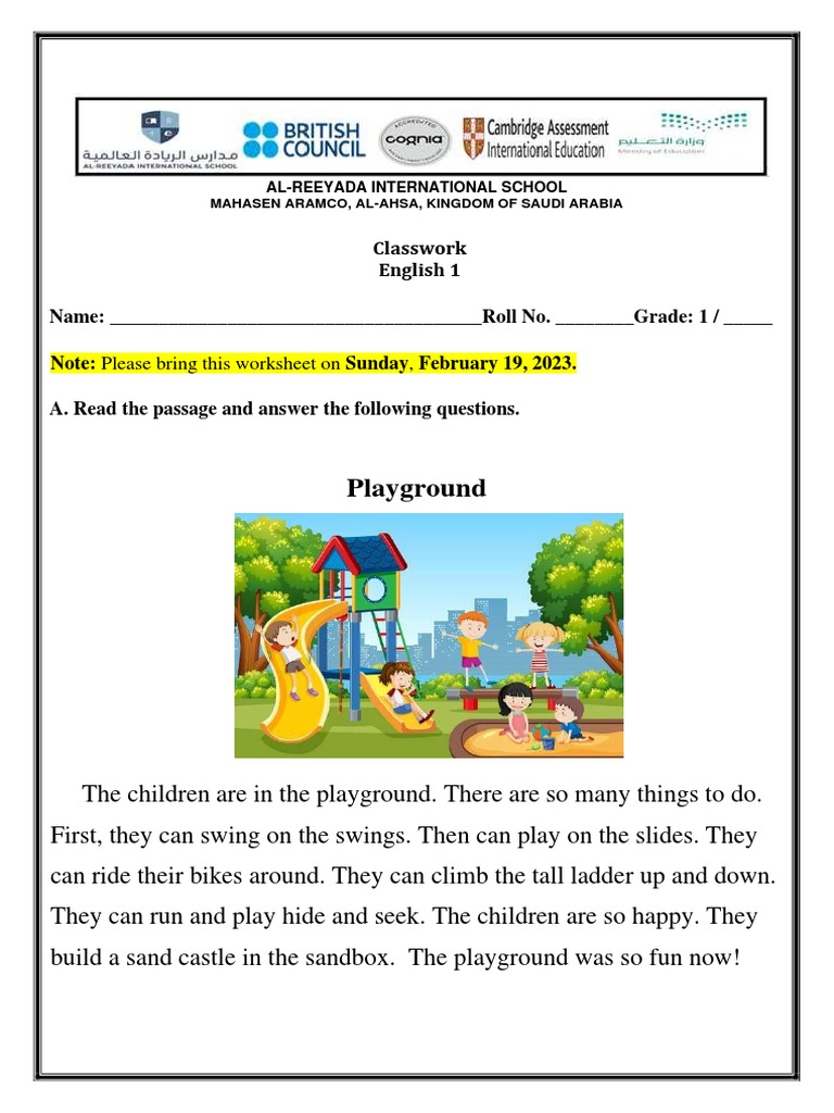 Playground Reading Comprehension for Grade 1 | PDF | Language Mechanics ...