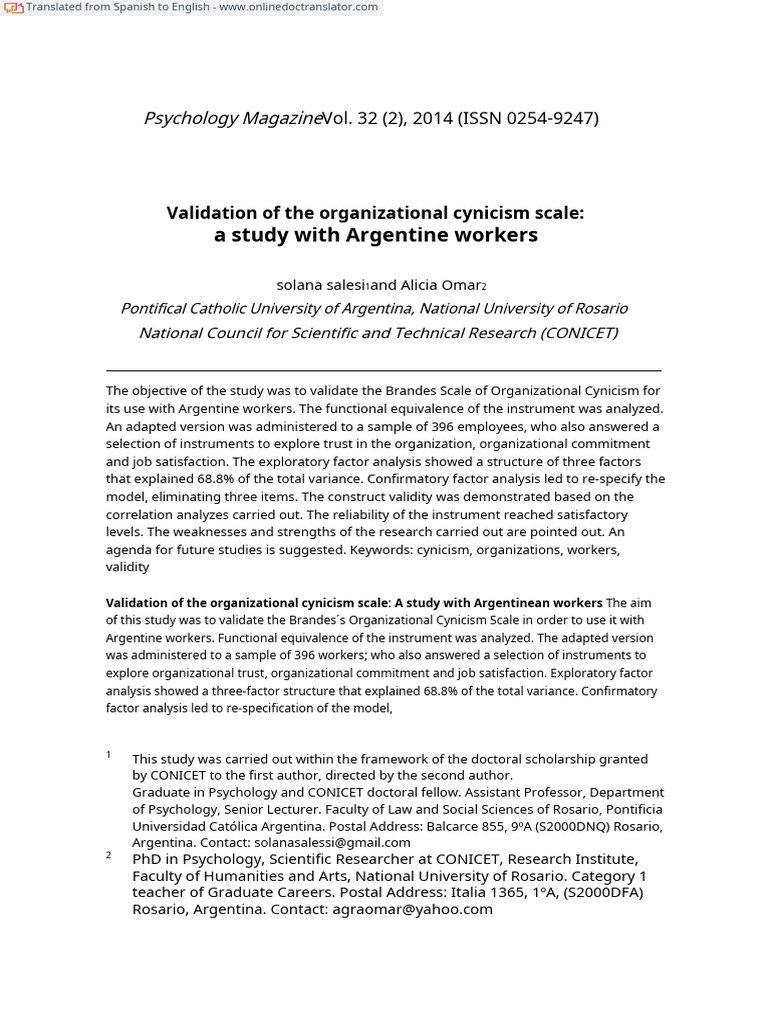 Argentine Workers' Cynicism Scale Validation | PDF | Job Satisfaction ...
