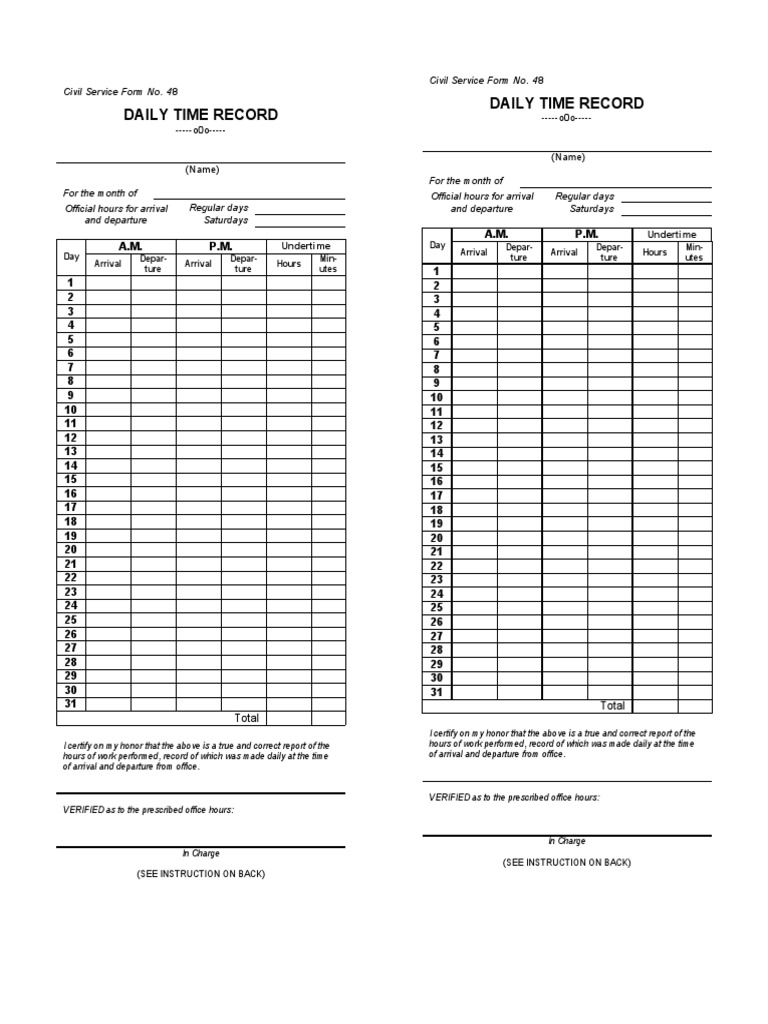 Civil Service Form No. 48 DTR Template | PDF