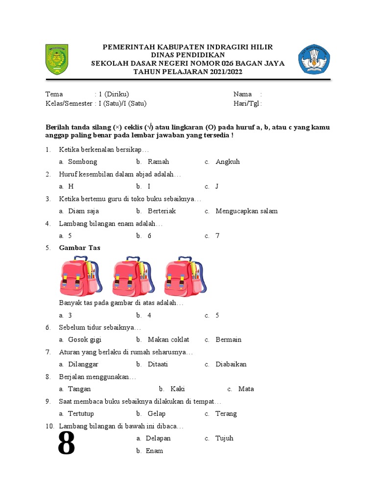 Soal Ujian Kelas 1 Semester 1 | PDF