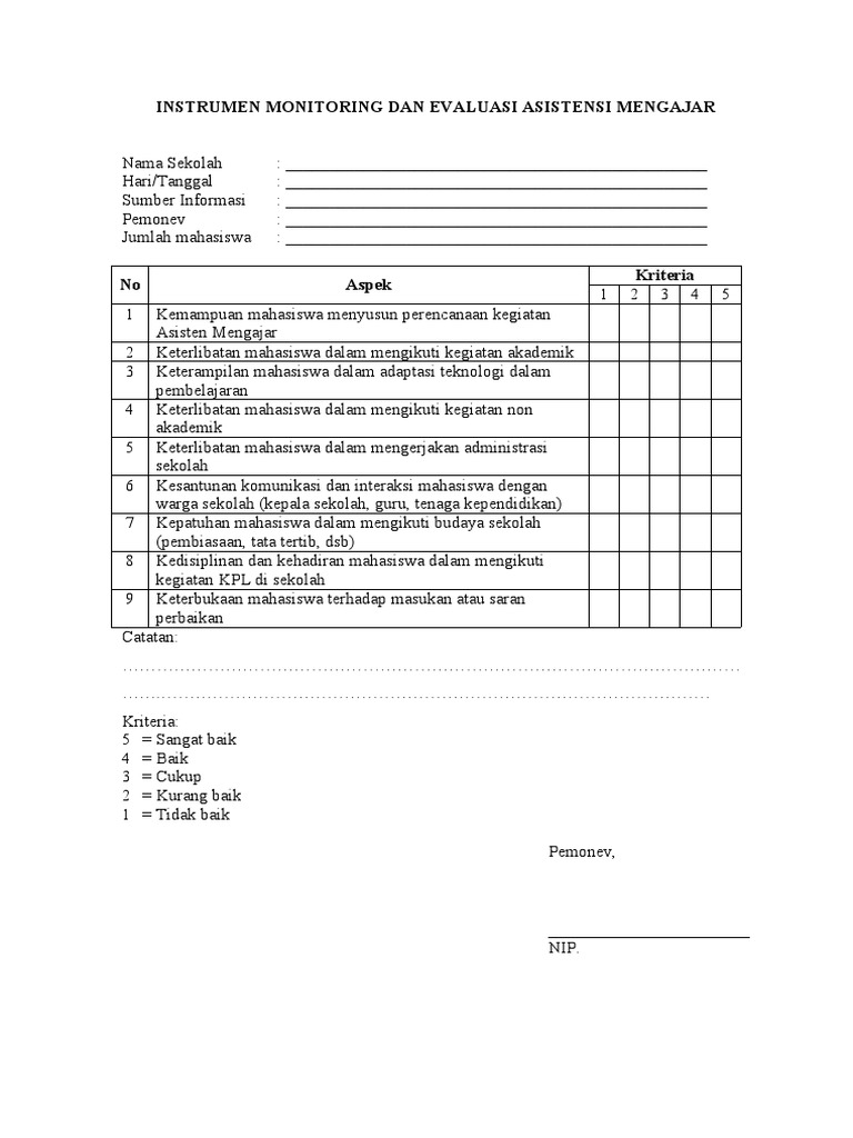 Instrumen Monitoring Dan Evaluasi Asistensi Mengajar | PDF