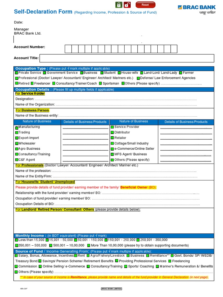 Self Declaration Form Revised (Source of Income+Fund) E Form | Download ...