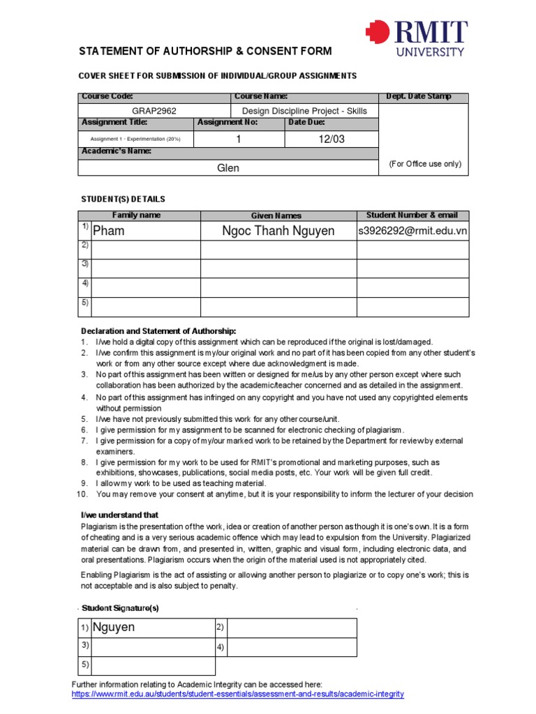 Statement of Authorship & Consent Form | PDF | Plagiarism ...