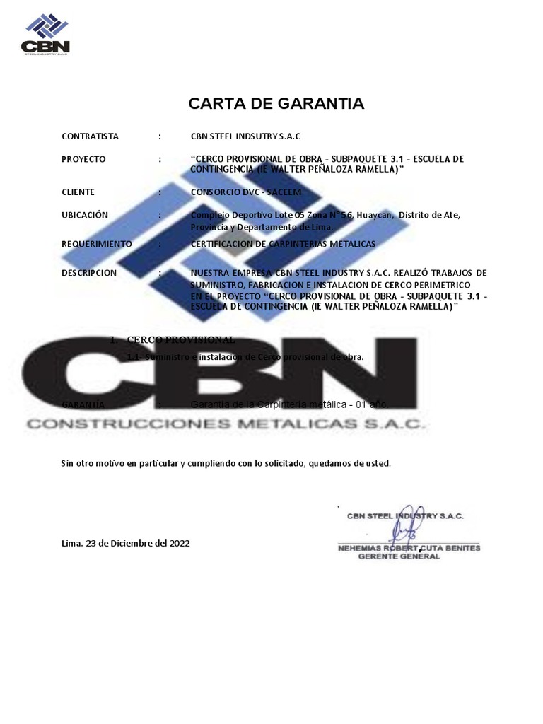 Carta de Garantia | PDF