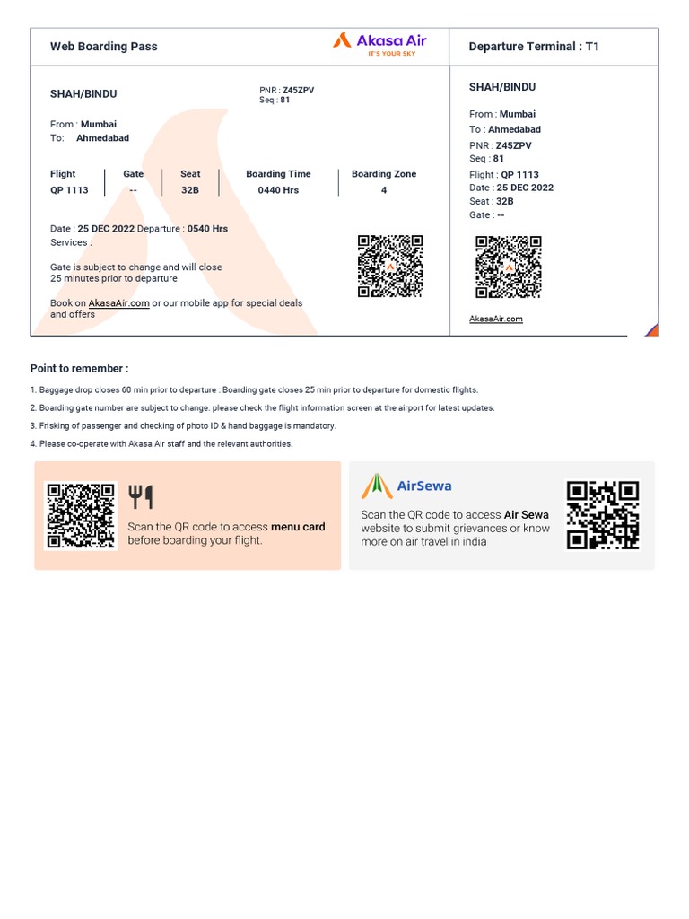 Akasa Air E-Boarding Pass - Z45ZPV - Bindu | PDF
