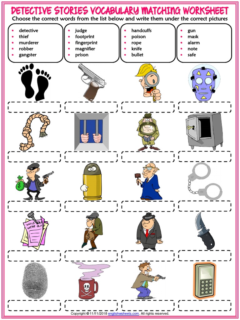 Detective Stories Vocabulary Esl Matching Exercise Worksheet For Kids | PDF