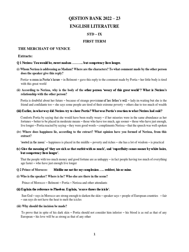 English Literature Question Bank 2022-23 | PDF | The Merchant Of Venice
