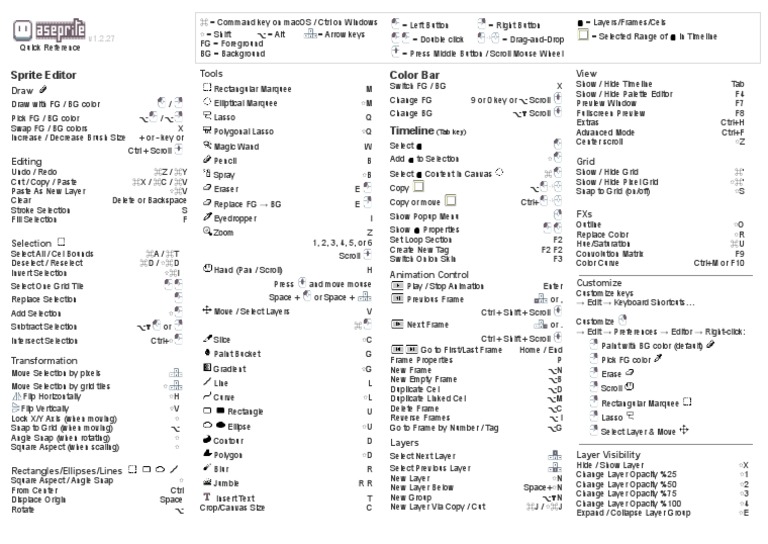 Aseprite Quick Reference - Cheat Sheet | PDF | Computing | Human–Computer Interaction