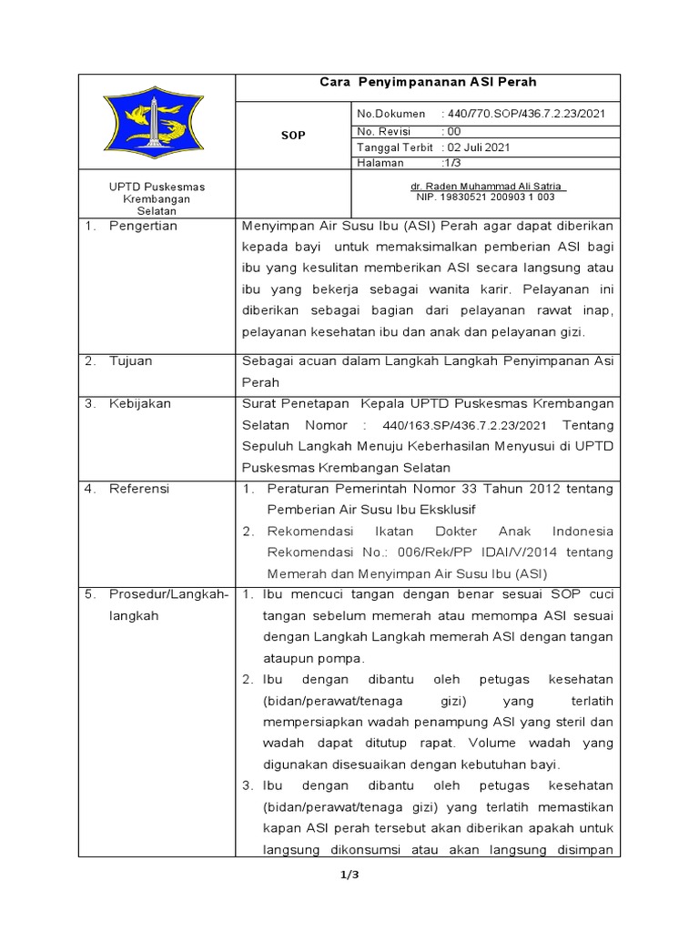 Sop Cara Penyimpanan Asi Perah | PDF