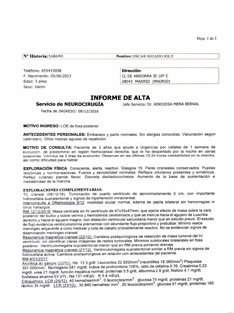 Informe Médico: Meduloblastoma Infantil | PDF | Especialidades Medicas | Medicina CLINICA