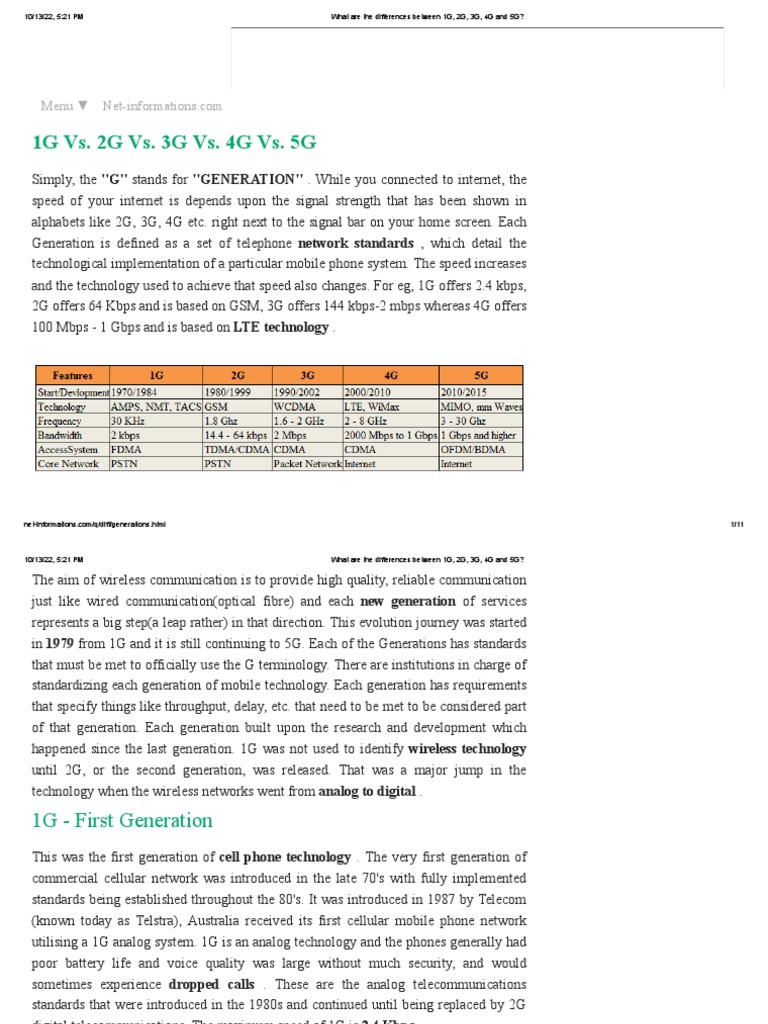 What Are The Differences Between 1G, 2G, 3G, 4G and 5G | PDF | 4 G | 3 G