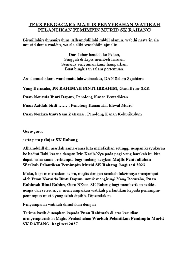Teks Ucapan Watikah Pemimpin Murid 2023 | PDF | Agama & Spiritualitas