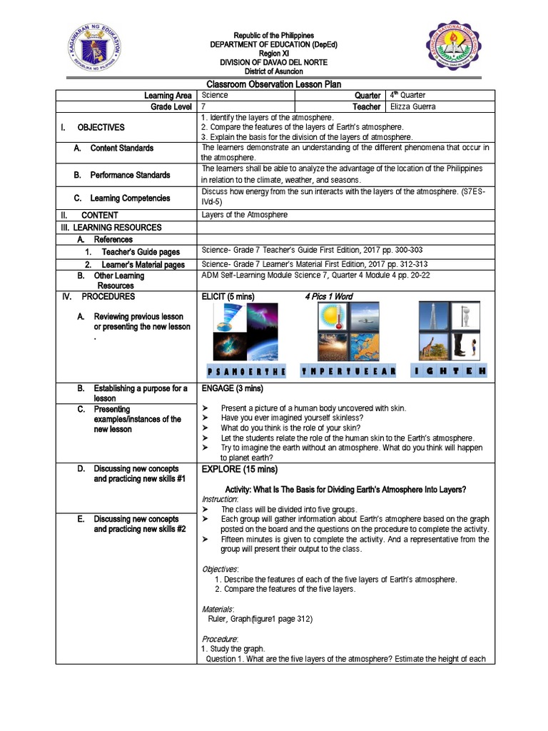 Grade 7 Science Lesson Plan: Atmosphere Layers | PDF | Atmosphere Of ...
