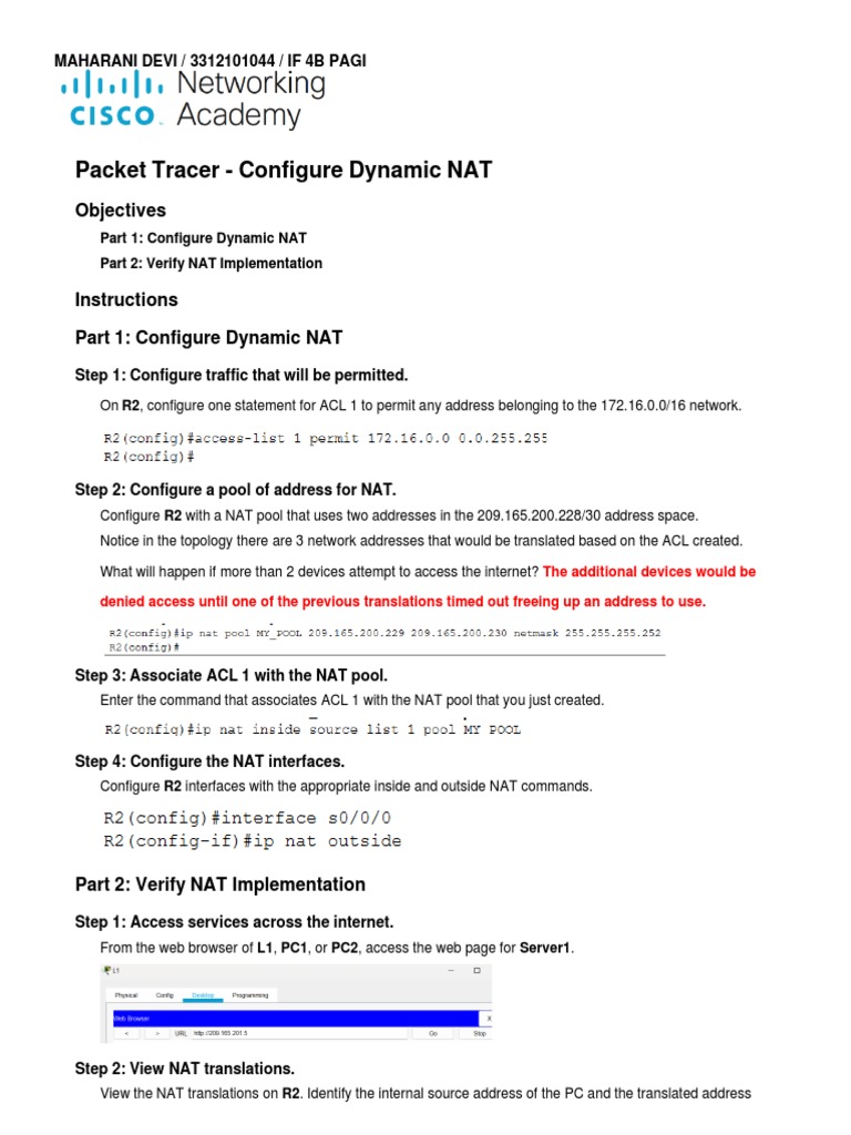 M13 - Maharani Devi - 3312101044 - IF 4B PAGI - 6.5.6-Packet-Tracer - Configure-Dynamic-Nat | PDF