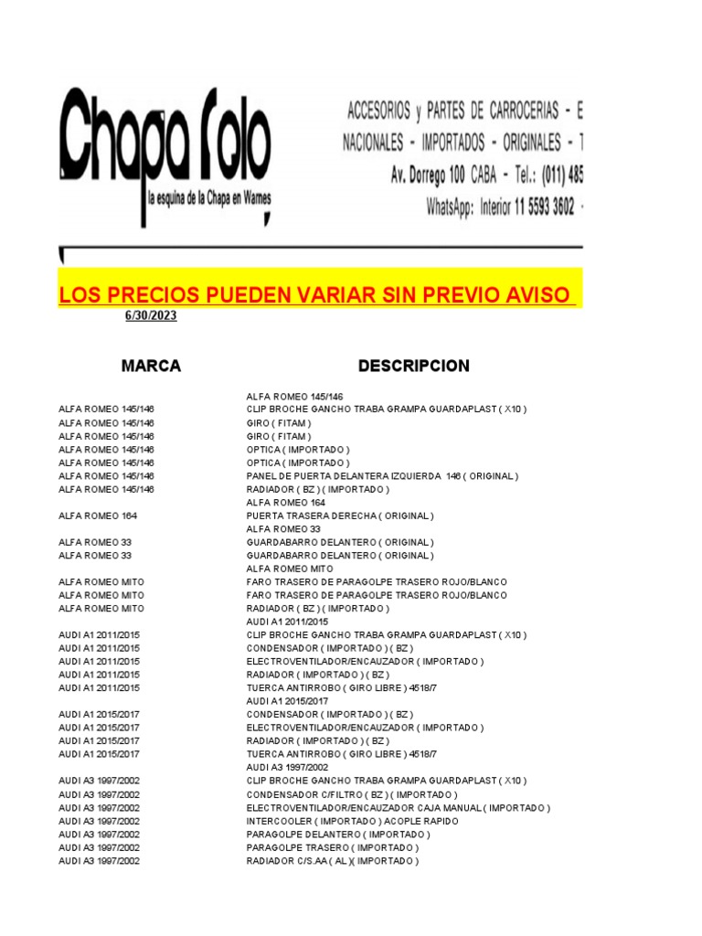 Lista de Precio 30-06-2023 | PDF | Estilos de carrocería | General ...