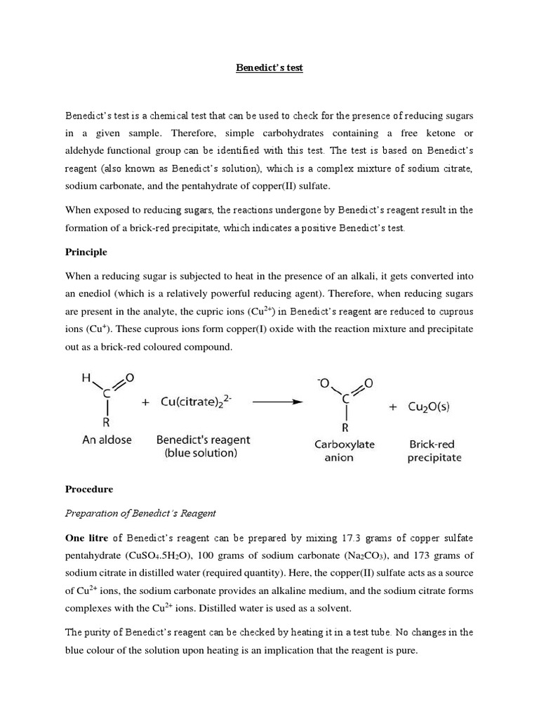 Benedict’s Test for Reducing Sugars | PDF | Chemistry | Chemical Substances