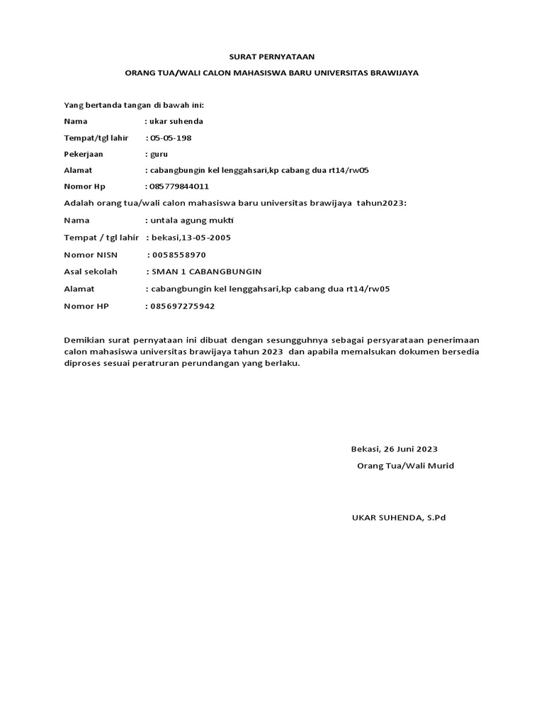 Surat Pernyataan Unbraw 2 | PDF
