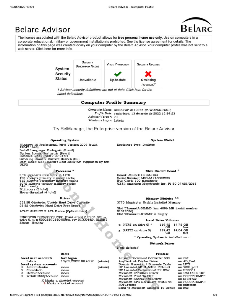 Belarc Advisor Computer Profile Summary | PDF | Microsoft Windows | Windows 10