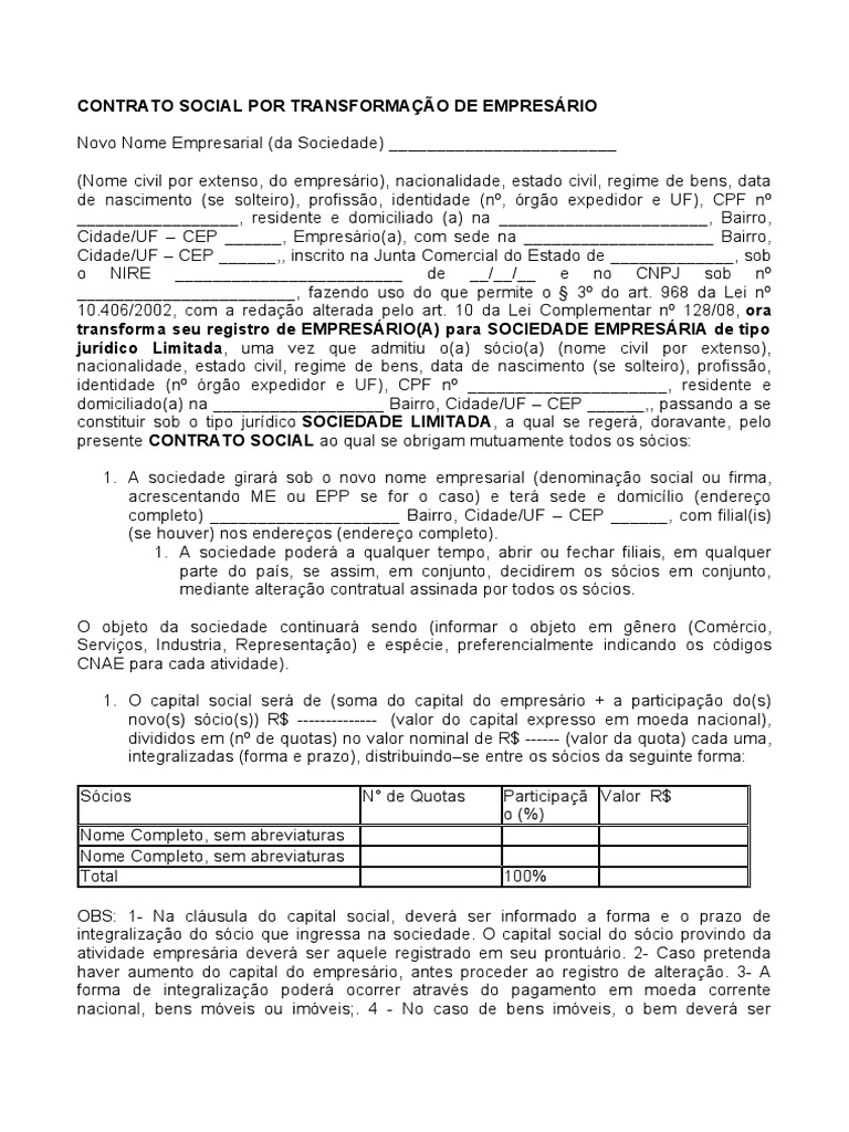 Contrato Social Por Transformacao de Empresario | PDF | Companhia ...