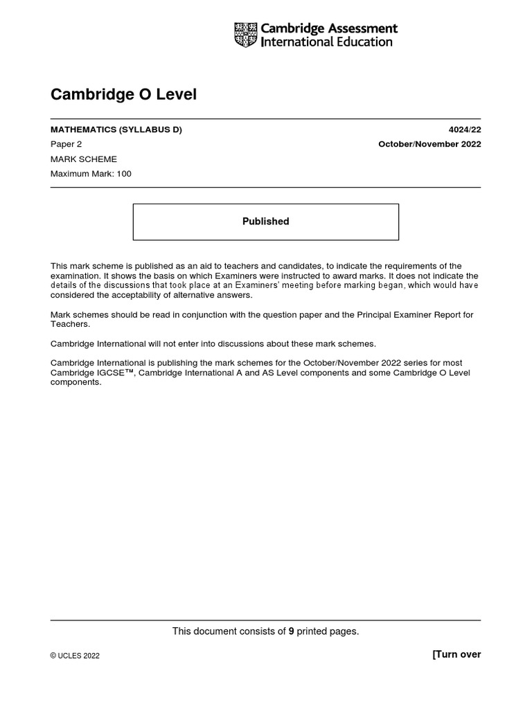 O Level Maths Paper 2 Marking Scheme | PDF | Mathematics