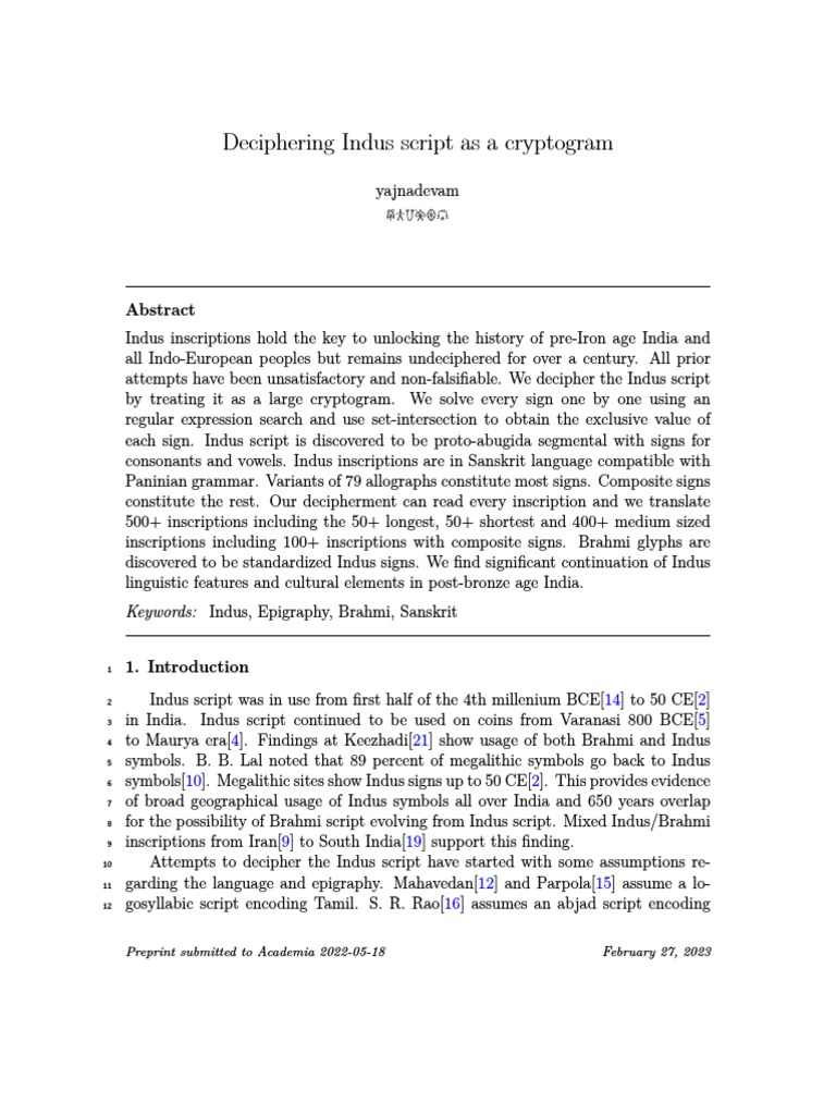 Deciphering Indus Script As A Cryptogram | PDF | Writing | Linguistics