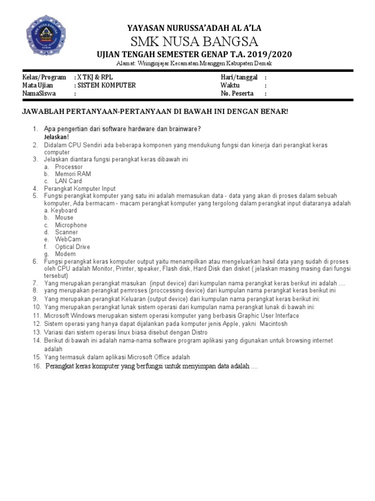 Soal UTS Sistem Komputer Kelas X | PDF