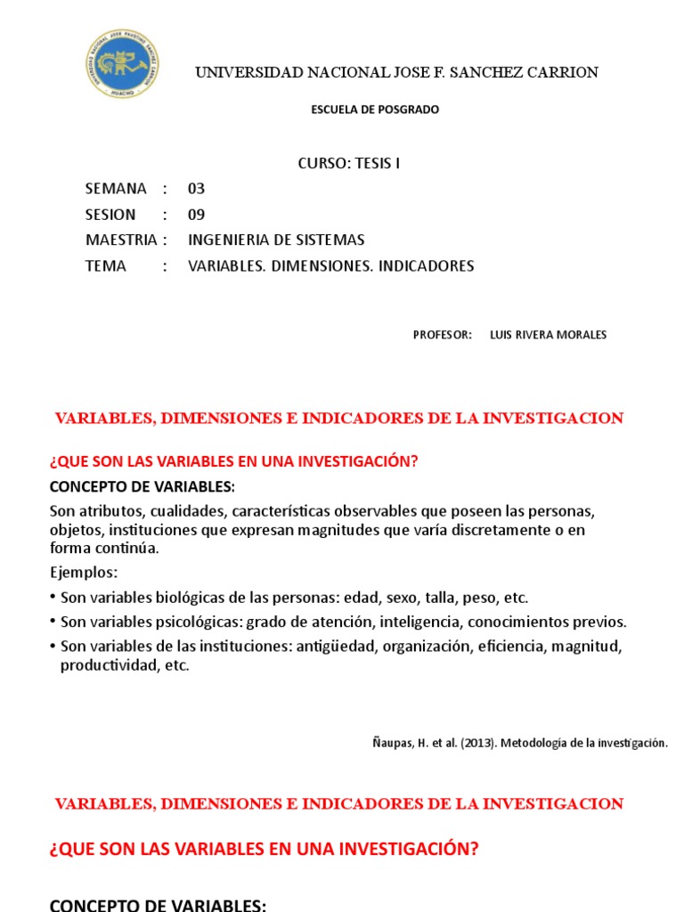 SEMANA 03. Sesión 09. Variables. Dimensiones. Indicadores. | PDF | Cognición | Science