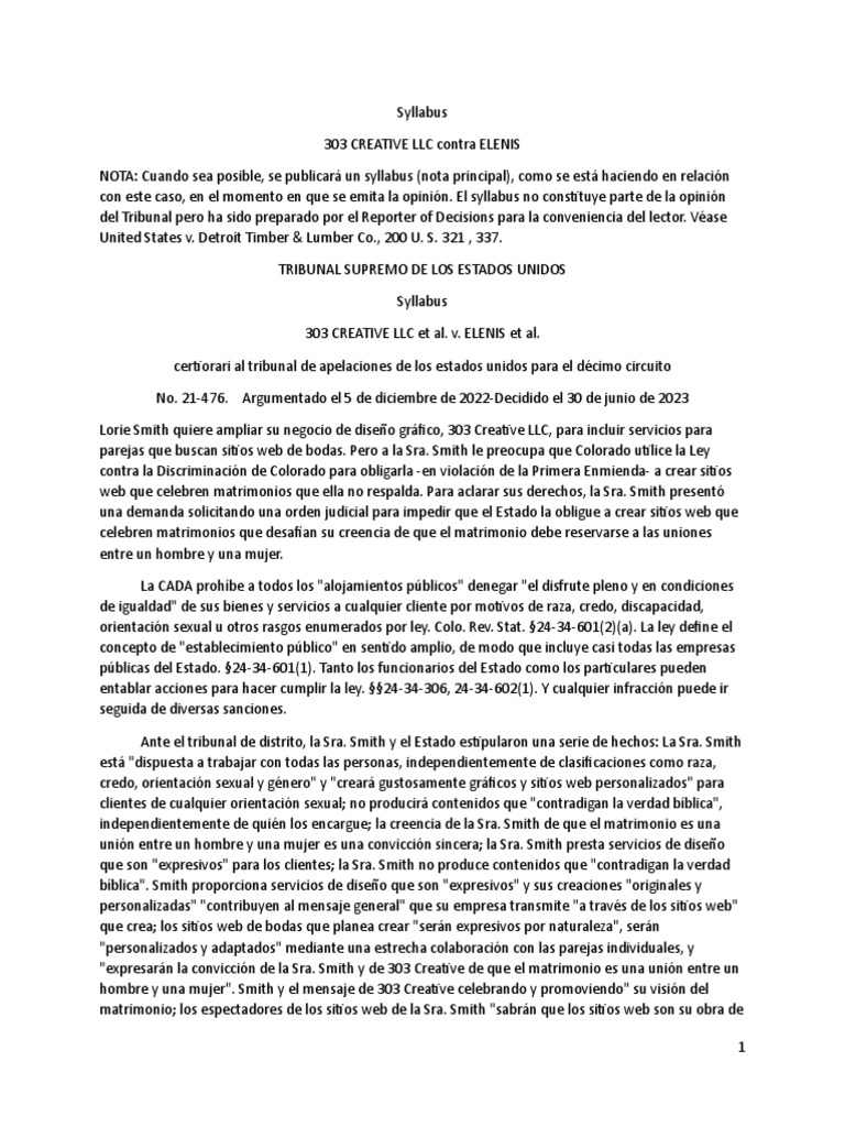 (Esp) Traducción libre - Scotus - 303 Creative Llc v Elenis (AART ...
