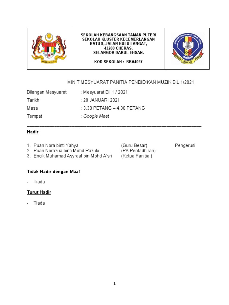 Minit Mesyuarat Panitia Pendidikan Muzik Kali 1 21 | PDF