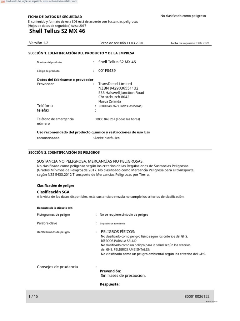 Msds Aceite Hidraulico Shell Tellus s2 MX 46 | PDF | Ventilación ...