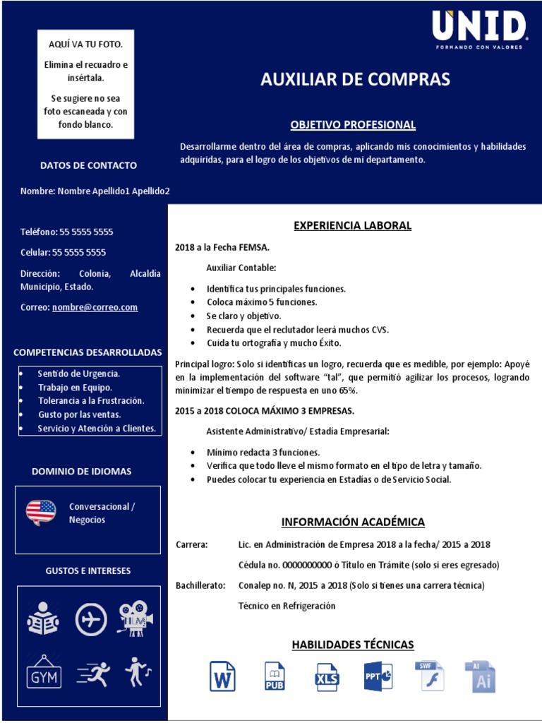 Ejemplo de CV para Auxiliar de Compras | PDF | Business | Tecnologías ...