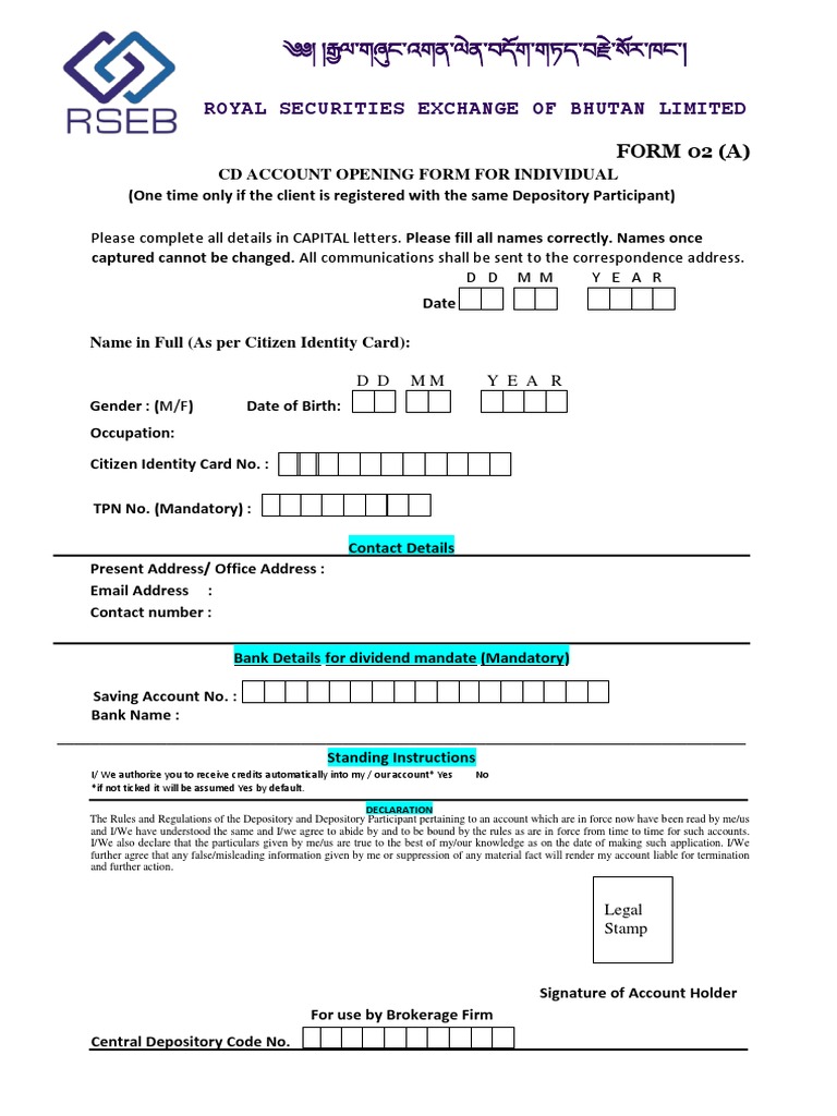CD Account Opening Form - Bhutan | PDF | Banks