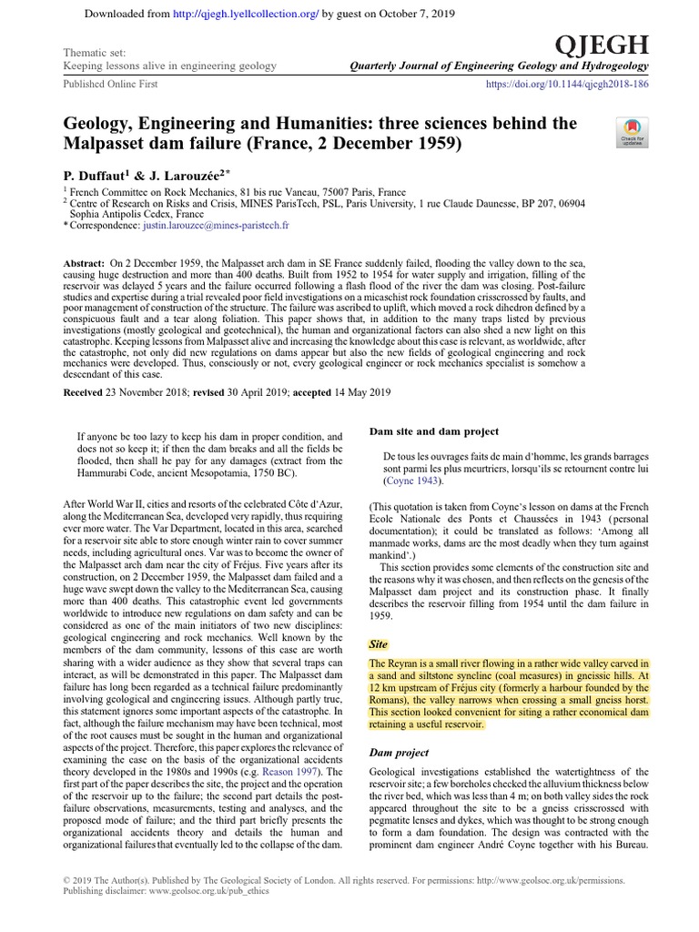 Geology, Engineering and Humanities: Three Sciences Behind The Malpasset Dam Failure (France, 2 ...
