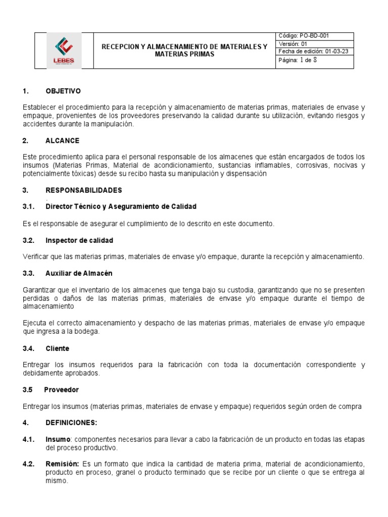 Recepción y Almacenamiento de Insumos | PDF