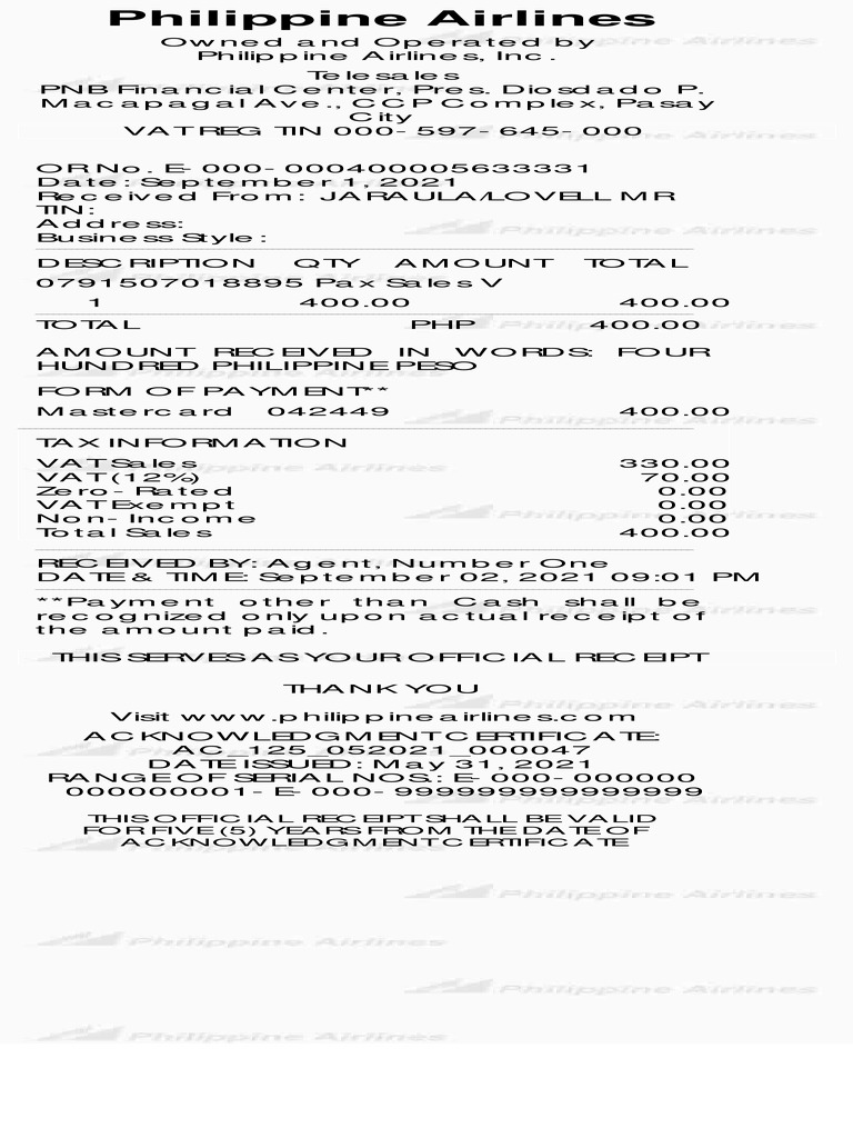 Official Receipt for Philippine Airlines Payment | PDF | Value Added ...