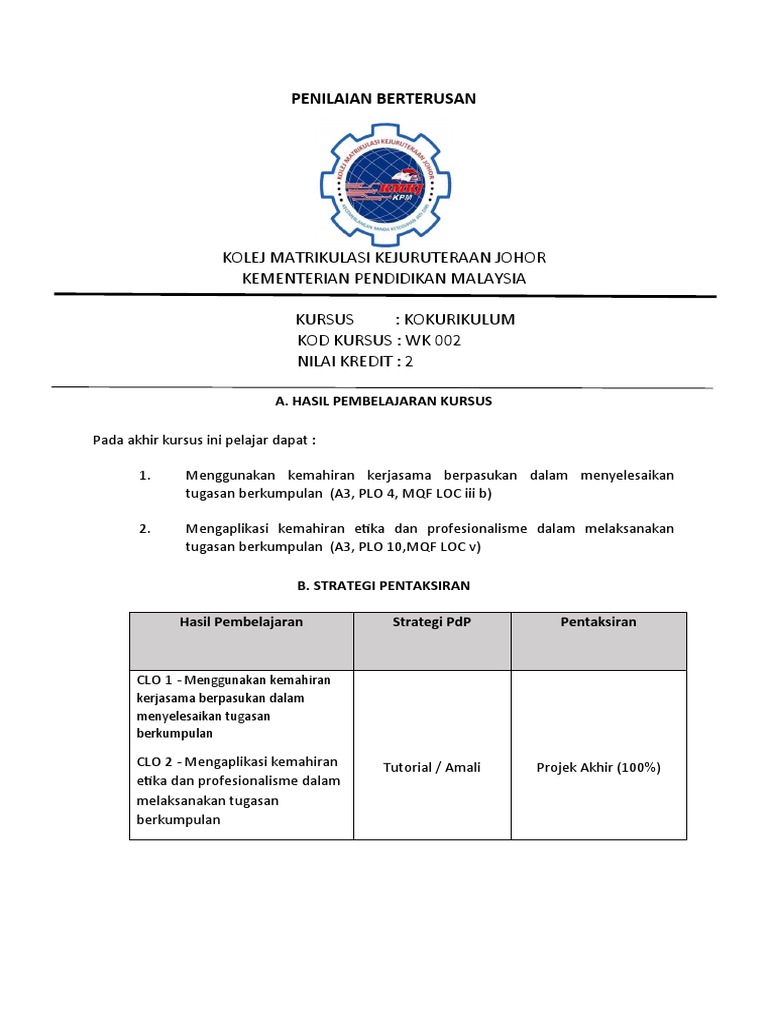 Arahan Penilaian Berterusan WK002 2022 | PDF