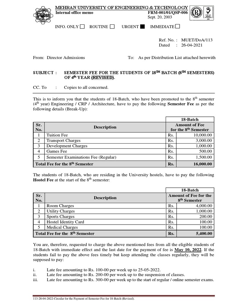 113-26!04!2022-Circular For The Payment of Semester Fee For 18-Batch (Revised) . | PDF | Fee | Money