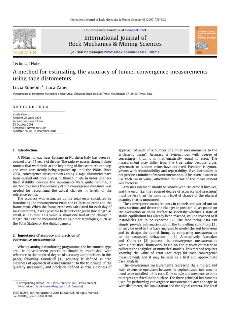 A Method For Estimating The Accuracy of Tunnel Convergence Measurements ...