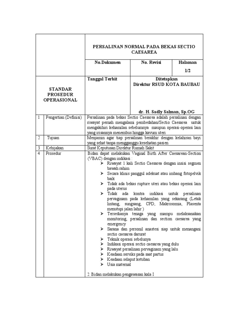 Format Panduan Persalinan Dengan Bekas SC | PDF