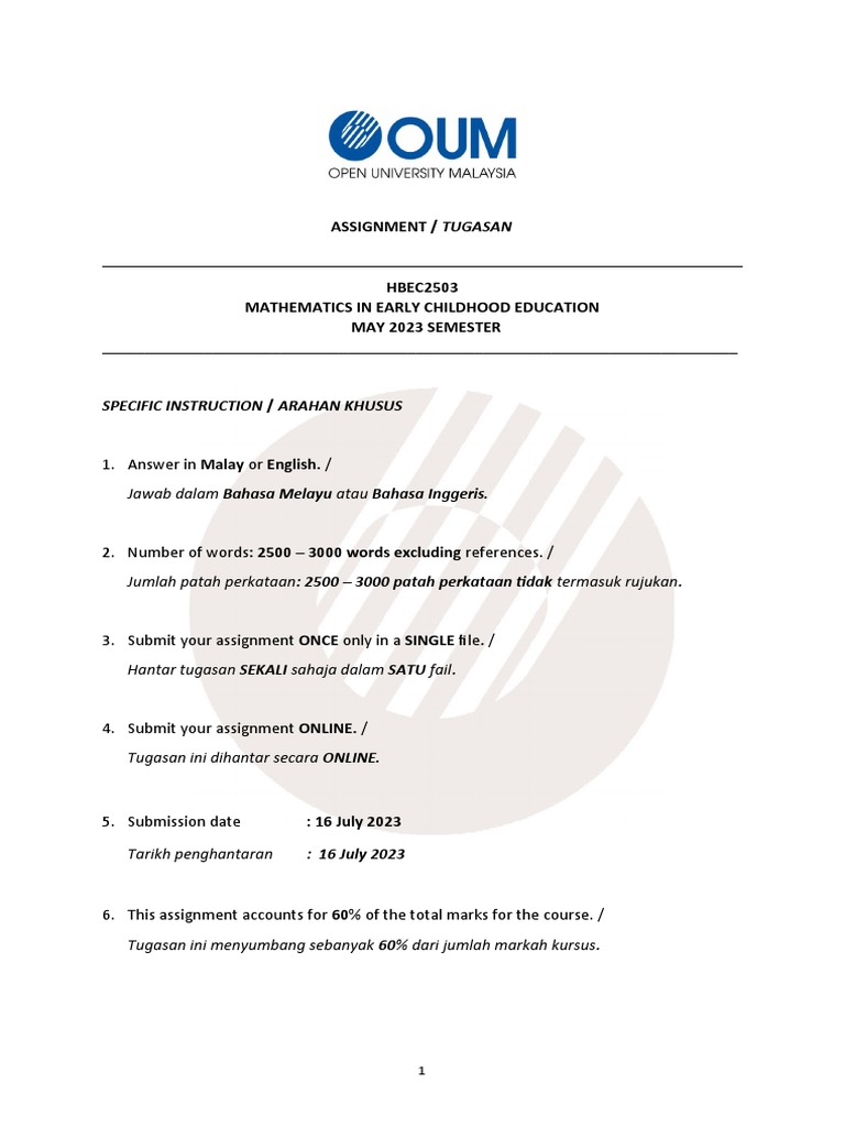 Assignment / Tugasan HBEC2503 Mathematics in Early Childhood Education May 2023 Semester ...
