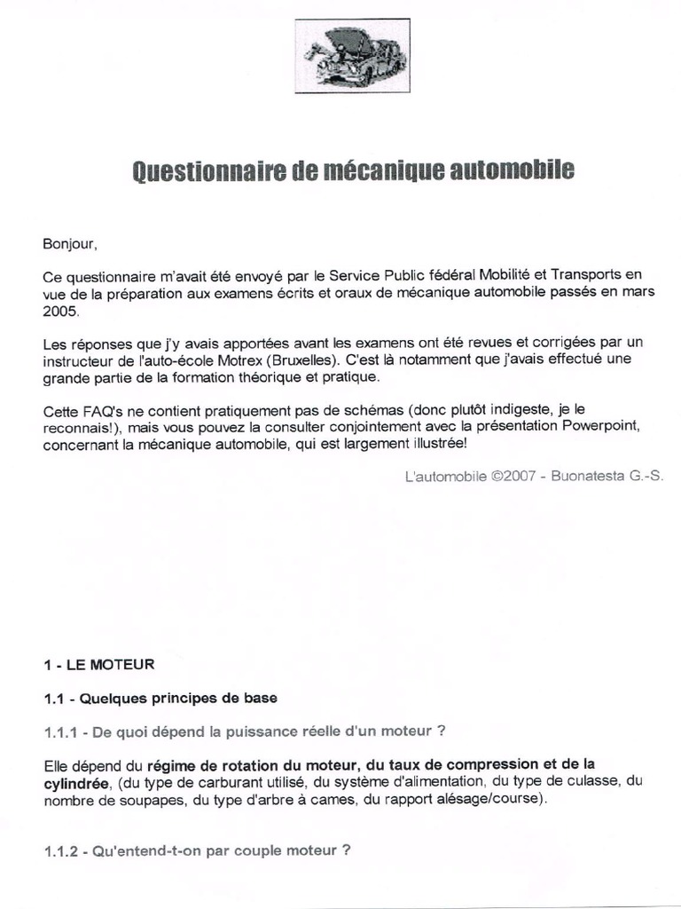 483 Questionnaire de Mecanique Automobile Service Public Federal Mobilite Et Transports | PDF