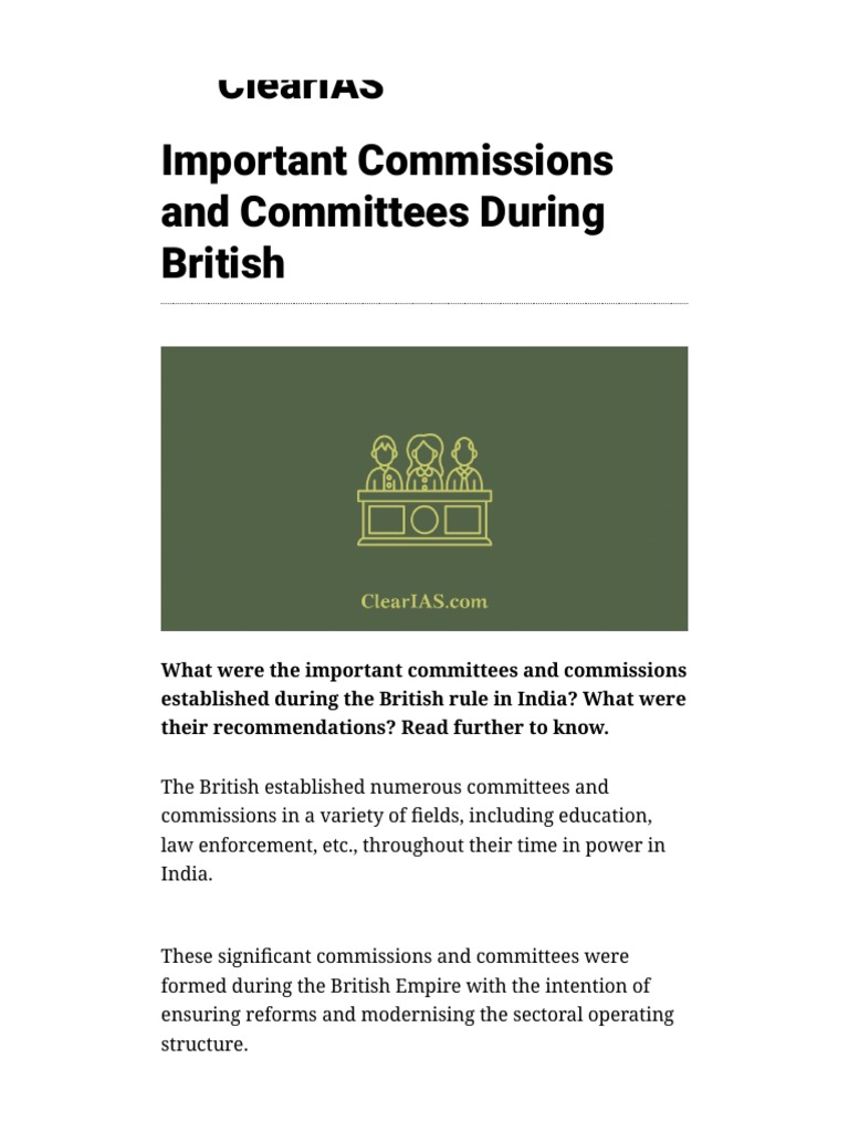 Important Commissions and Committees During British - ClearIAS | PDF | British Raj