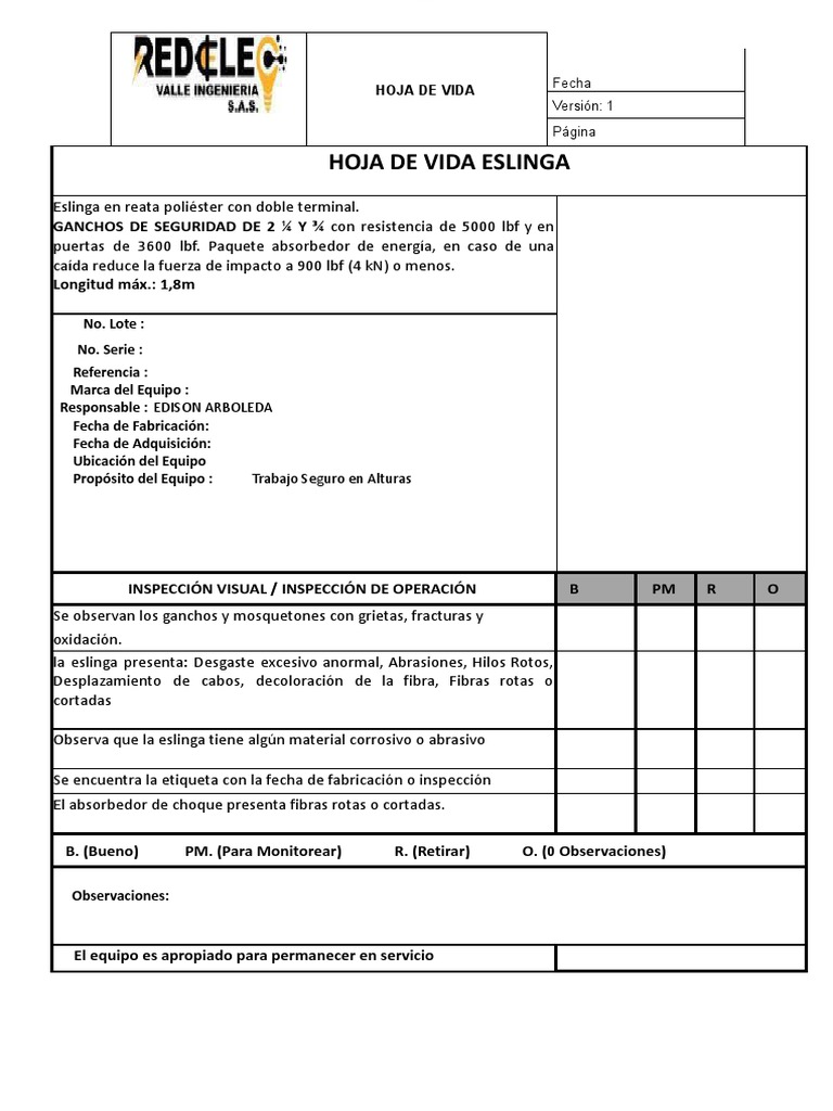 Hojda de Vida Eslinga Redelec 2023 | PDF