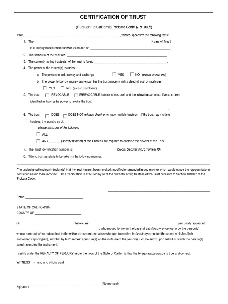 California Trust Certification Form | PDF | Trust Law | Deed Of Trust ...