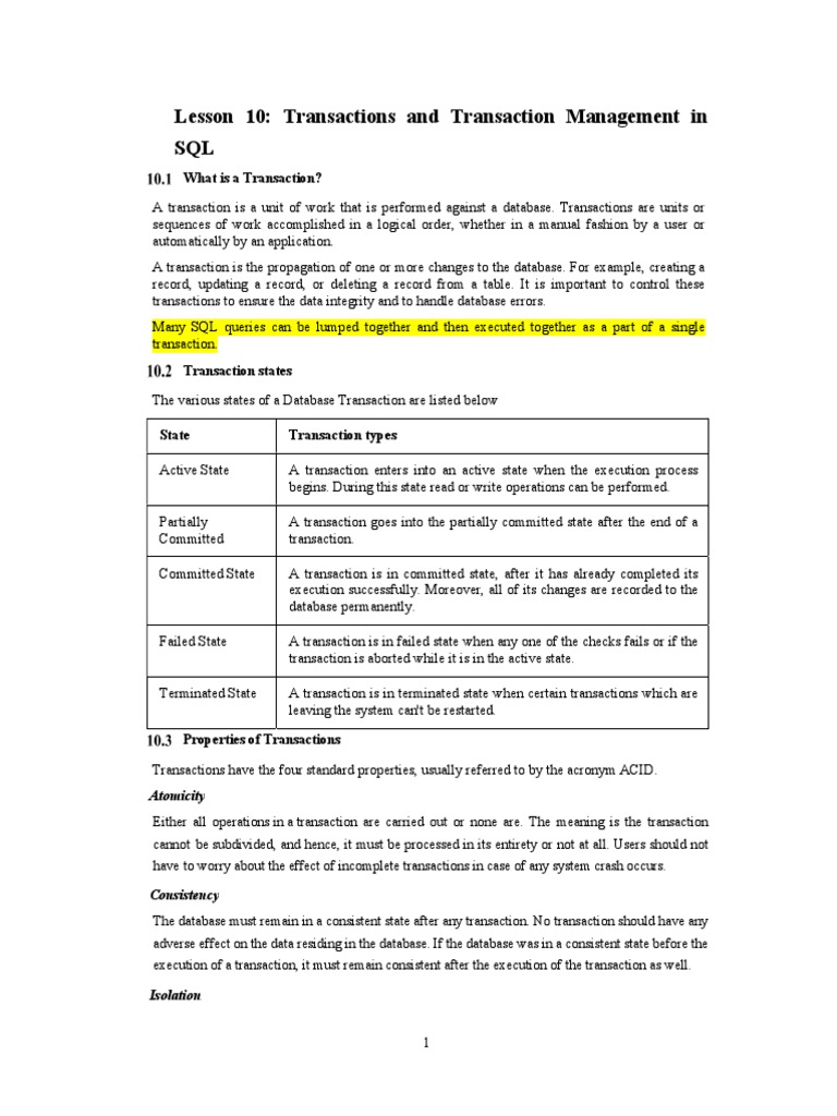 Lesson10 Transactions And Transaction Management In Sql Pdf Database Transaction Databases