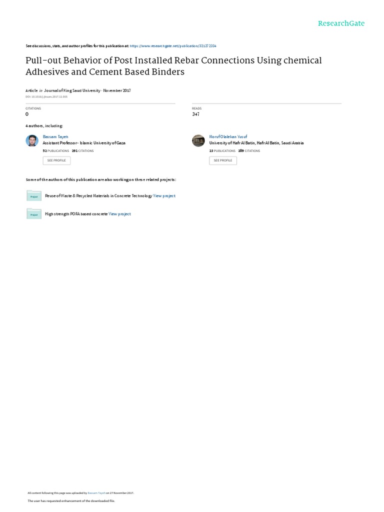 Pull-Out Bebhavior of Post Installed Rebar Connection | PDF | Concrete | Reinforced Concrete